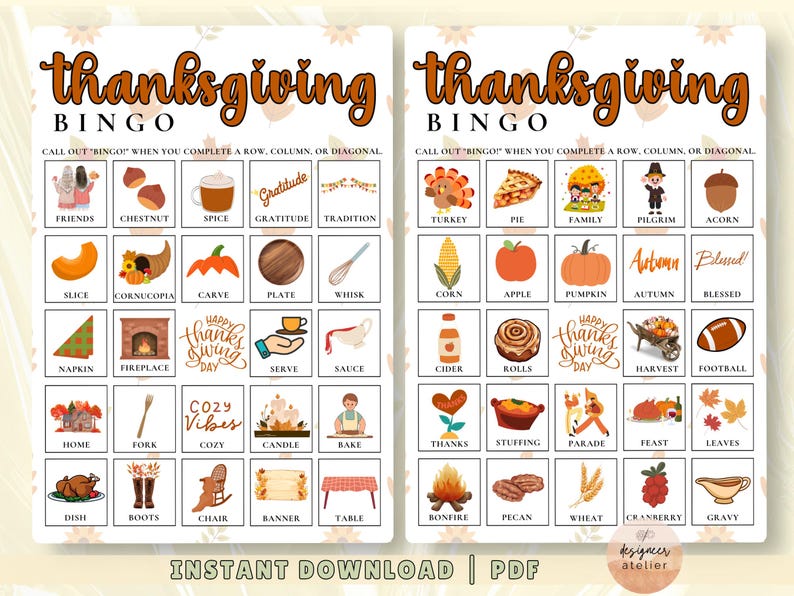 Thanksgiving Bingo Game Cards Printable Kids Activity Thanksgiving ...