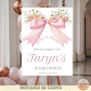 Baby in Bloom Sign Pink Bow Baby Shower Welcome Sign Pink Coquette Baby ...