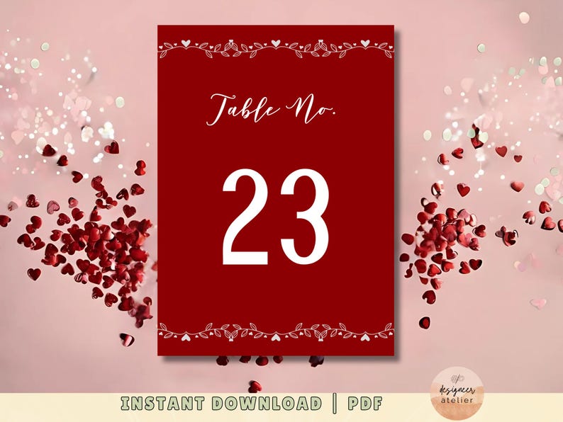 Red Table Numbers Printable 5x7 Table Numbers Valentines Wedding ...