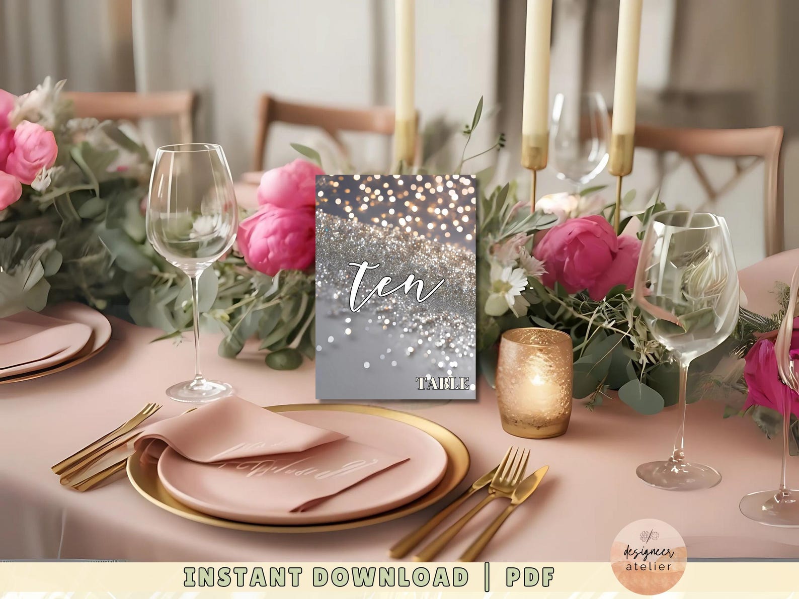 Silver Table Numbers Printable Modern Table Numbers Sign Elegant Table ...