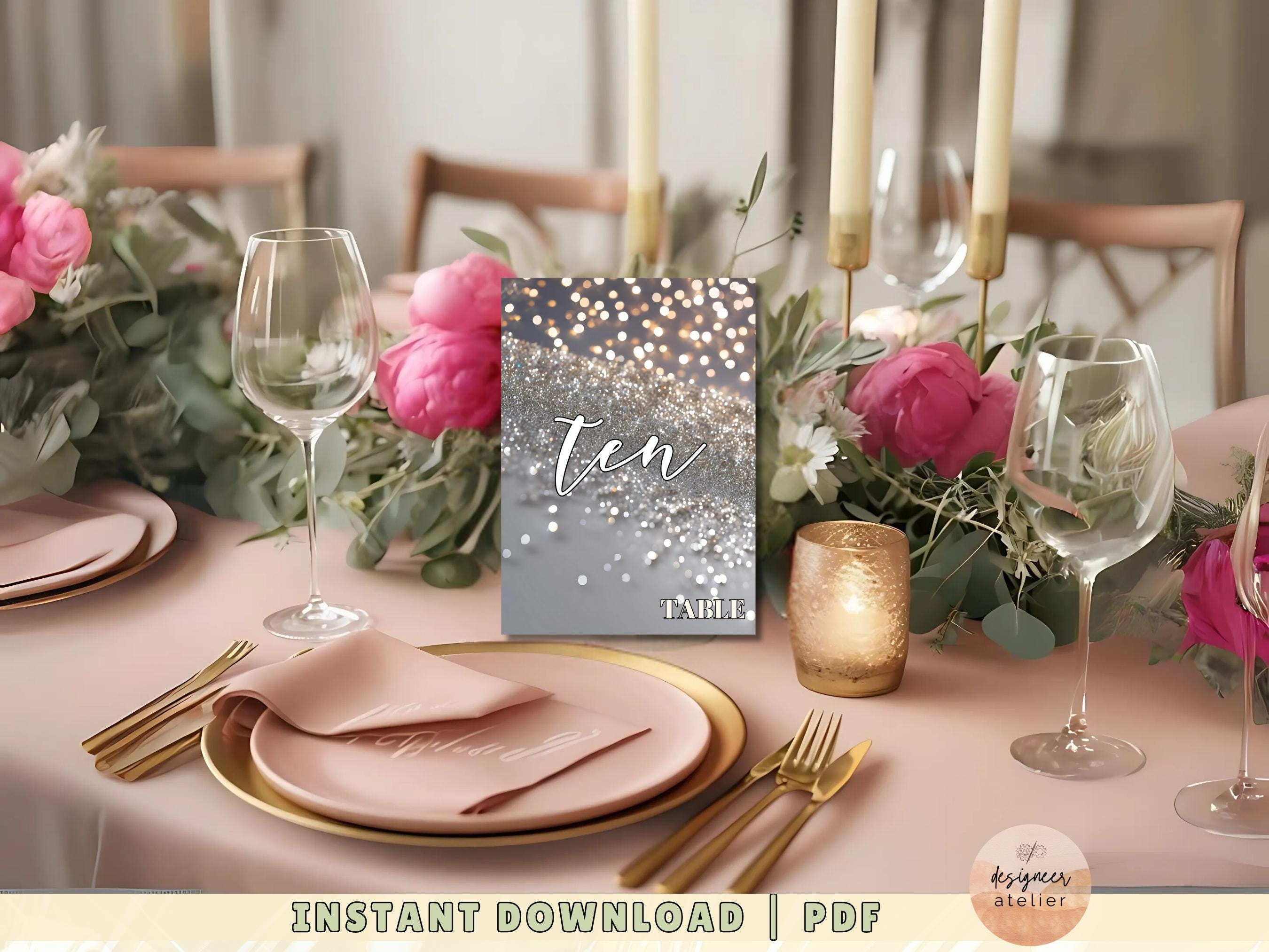 Silver Table Numbers Printable Modern Table Numbers Sign Elegant Table ...