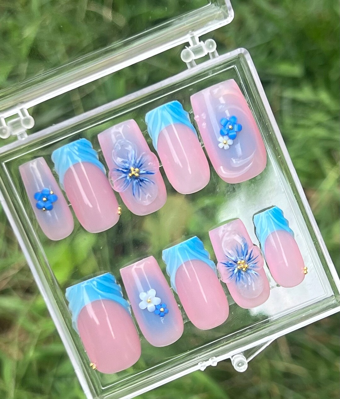 Blue French Tip Press on Nails: 3D Flower Charm, Reusable Gel Nails - Etsy