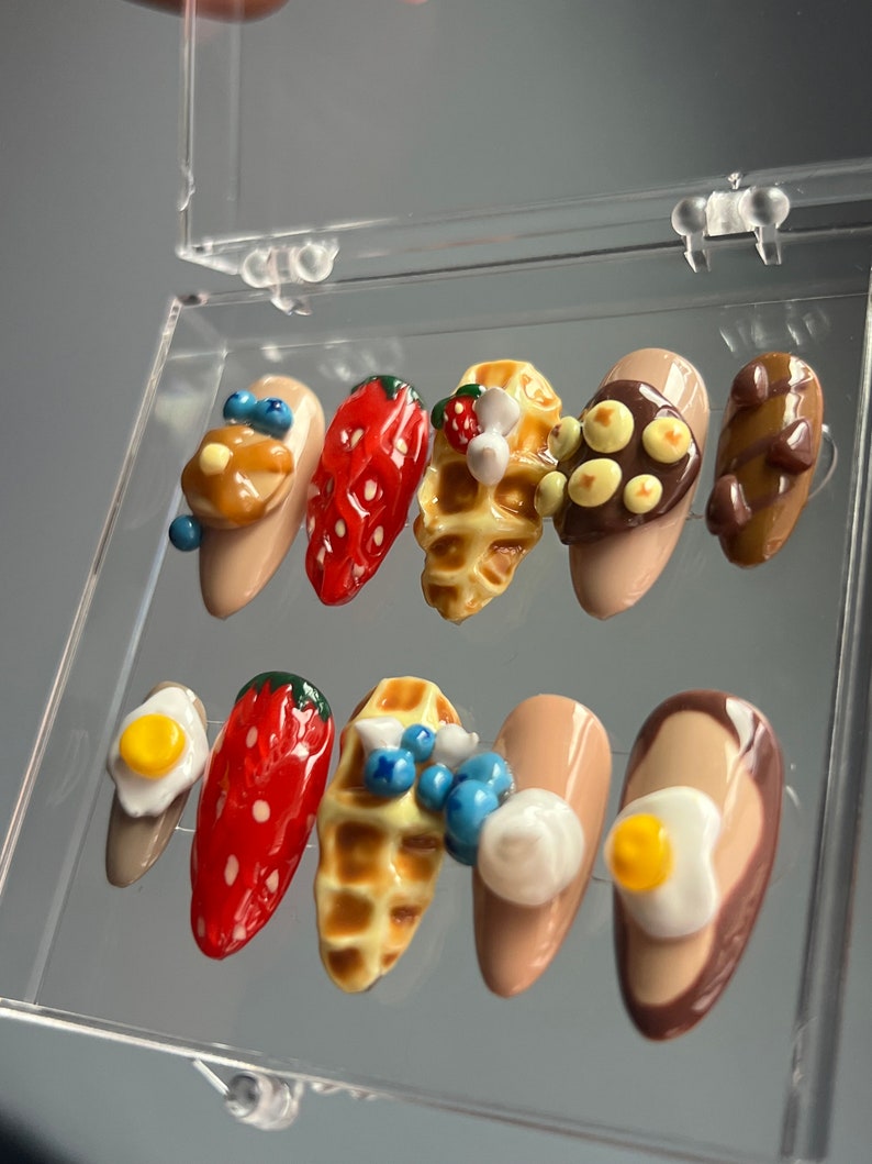 3D Breakfast Press on Nails, Hand-painted Fruit & Waffle Nail Art ...
