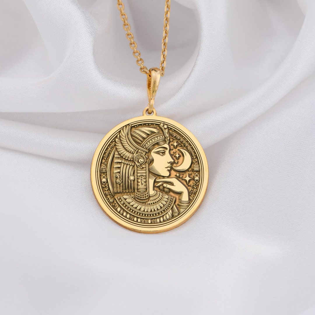 14K Gold Cleopatra Pendant, Sterling Silver Egyptian Queen Necklace ...