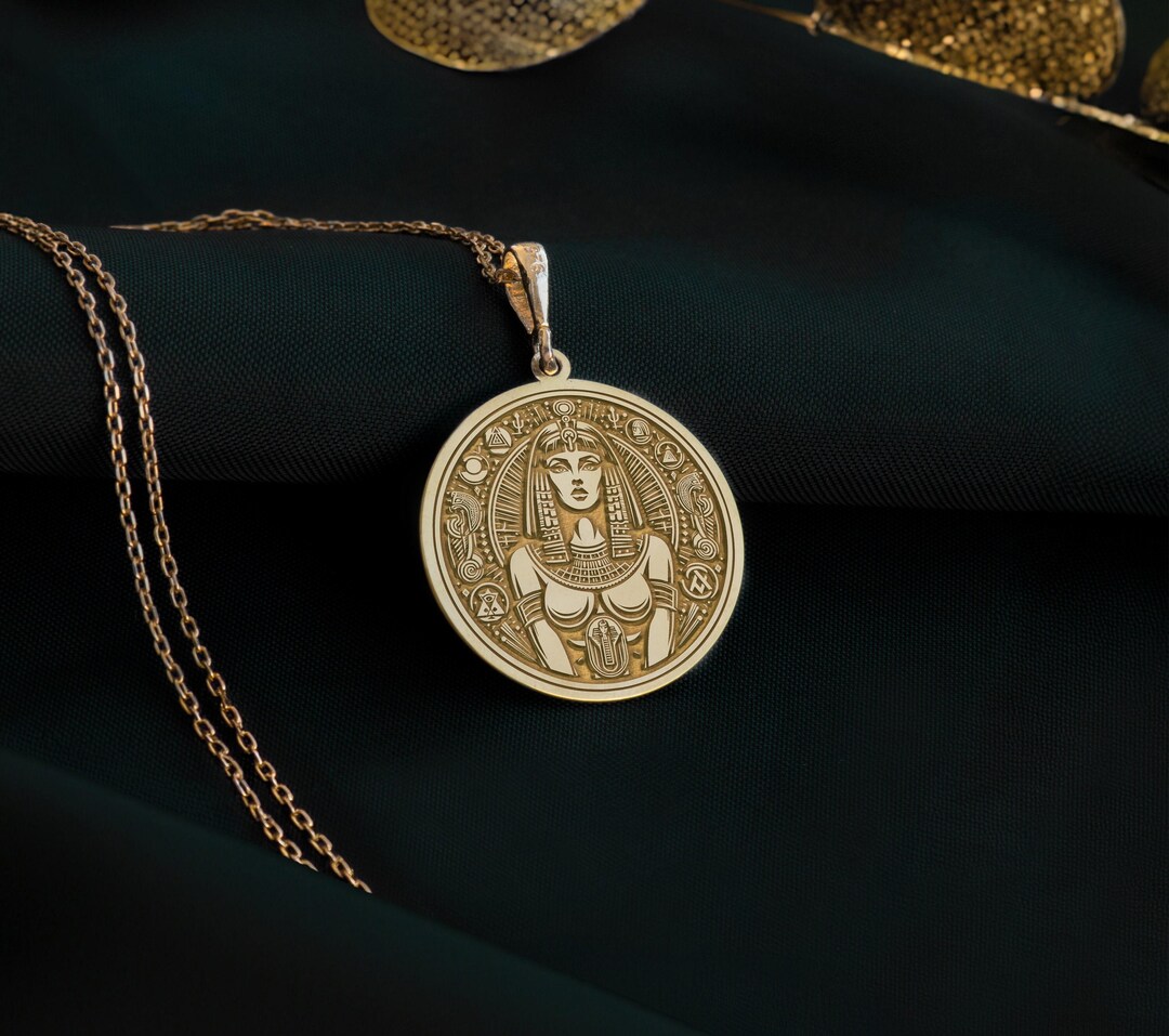14K Gold Cleopatra Pendant Necklace, Sterling Silver Medallion ...