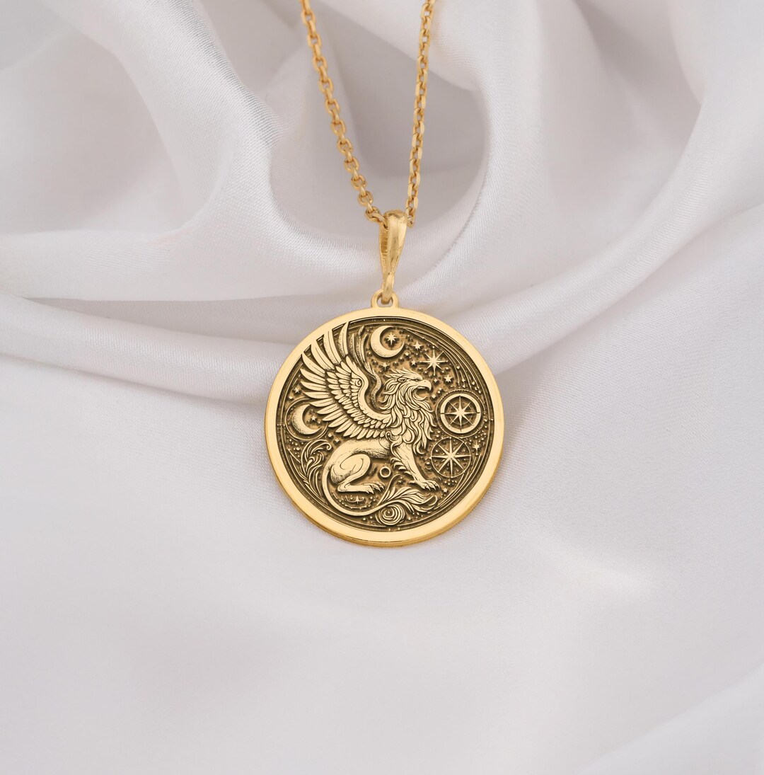 14k Gold Griffon Necklace, Sterling Silver Celestial Pendant, Mythical ...