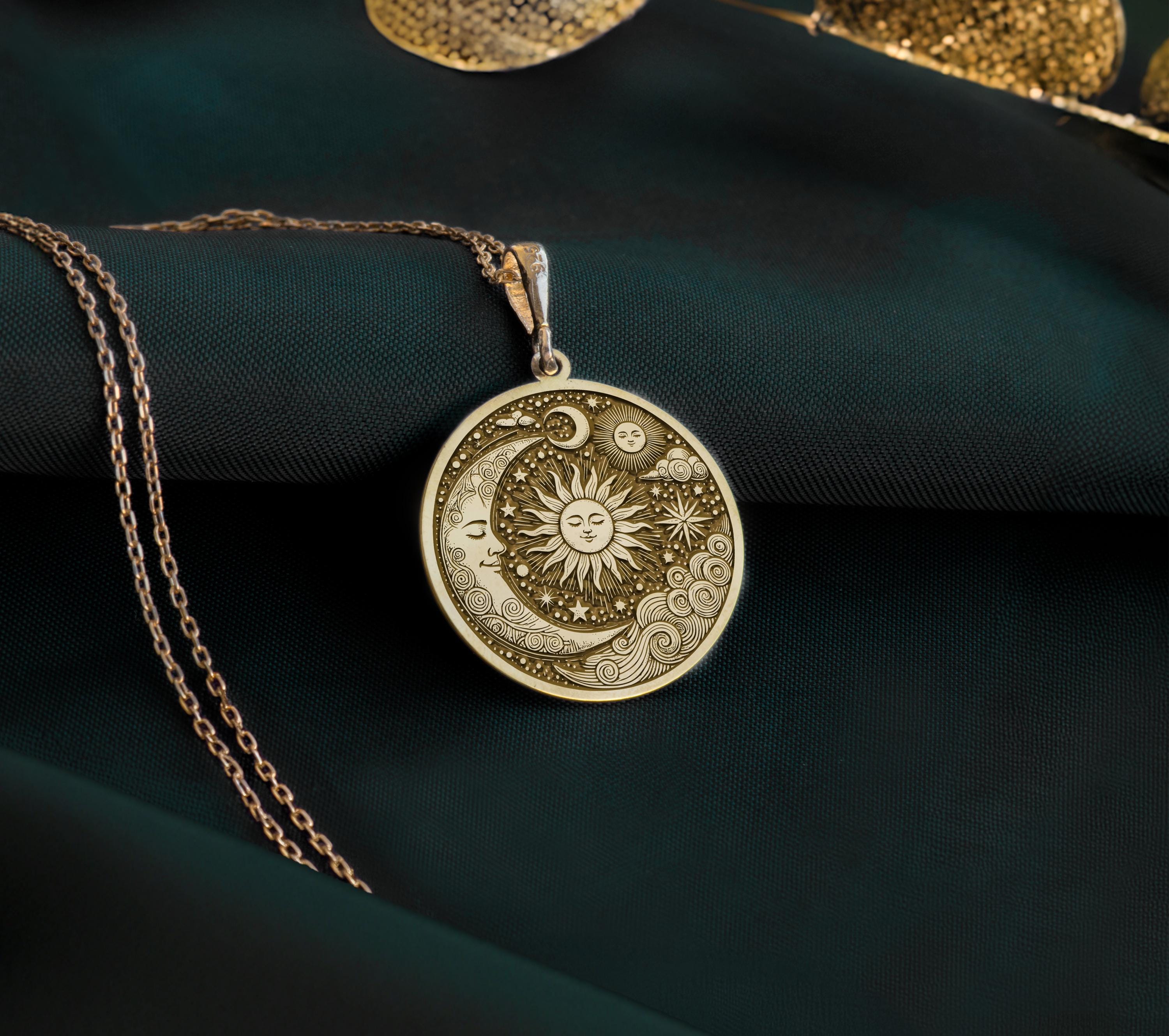 14K Gold Celestial Necklace, Sterling Silver Sun & Moon Pendant ...