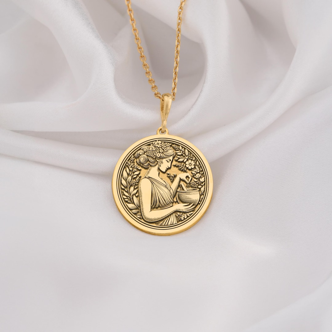 14K Gold Panacea Goddess Medallion Pendant, Sterling Silver Healing ...