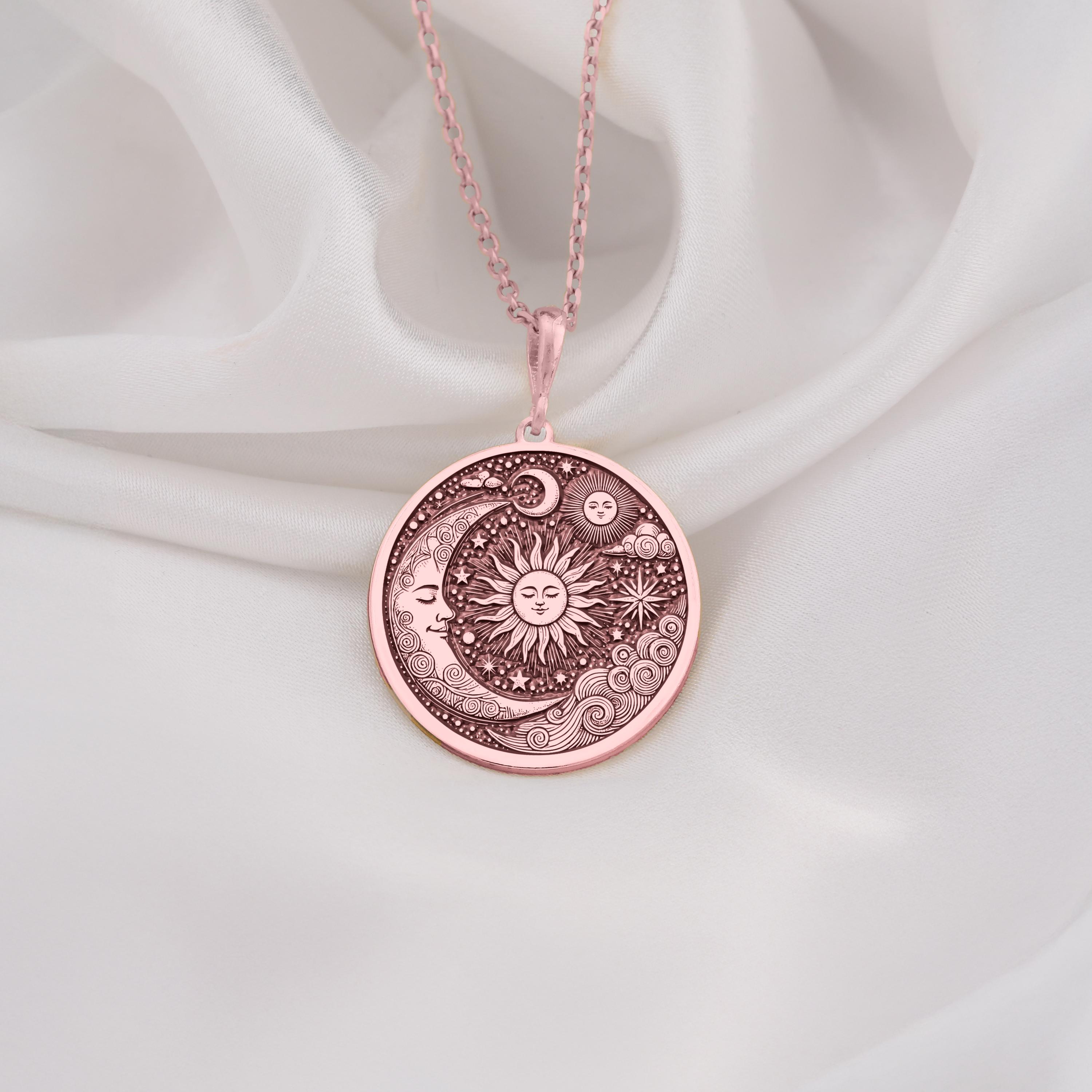 14K Gold Celestial Necklace, Sterling Silver Sun & Moon Pendant ...