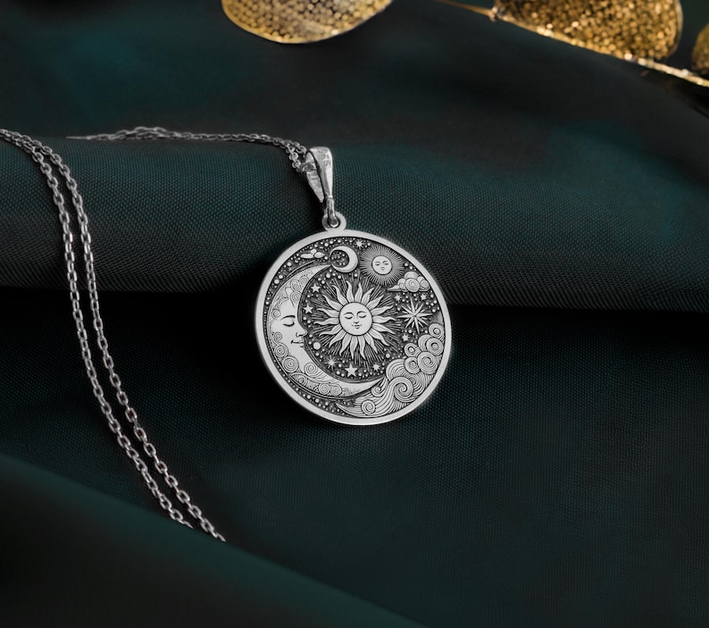 14K Gold Celestial Necklace, Sterling Silver Sun & Moon Pendant ...