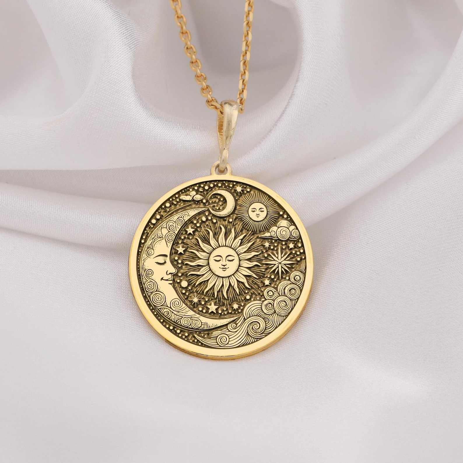 14K Gold Celestial Necklace, Sterling Silver Sun & Moon Pendant ...