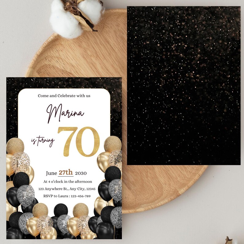Editable Black and Gold 70th Birthday Invitation, 70th Birthday Party ...