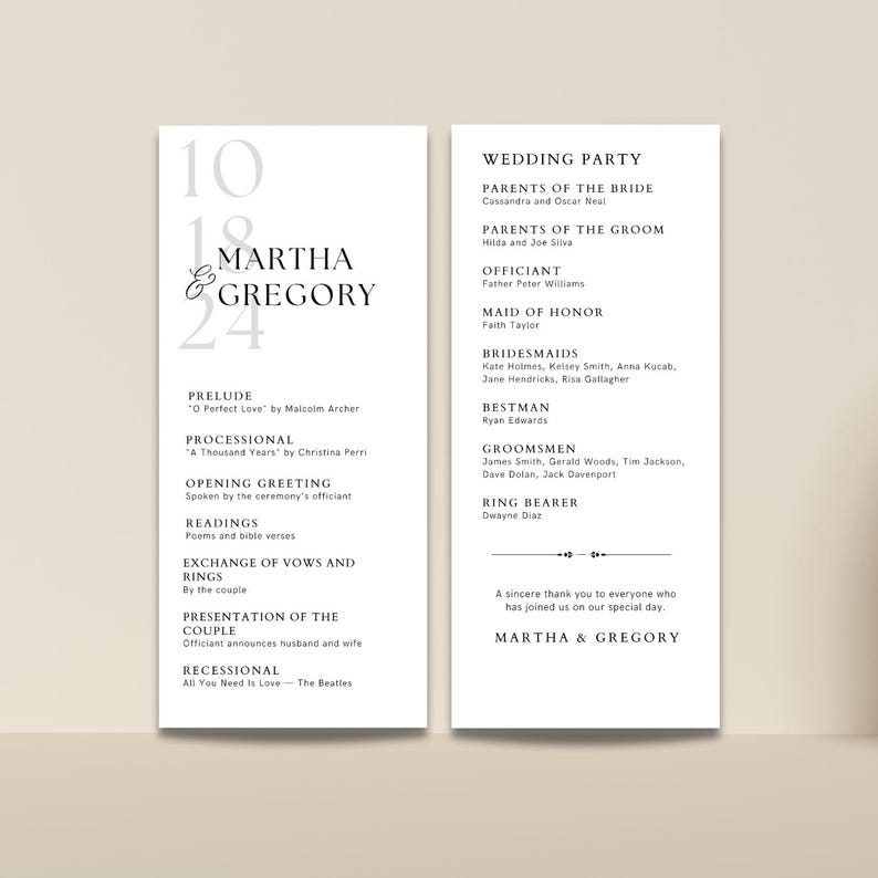 Minimalist Editable Wedding Program Template, Elegant Wedding Order of ...