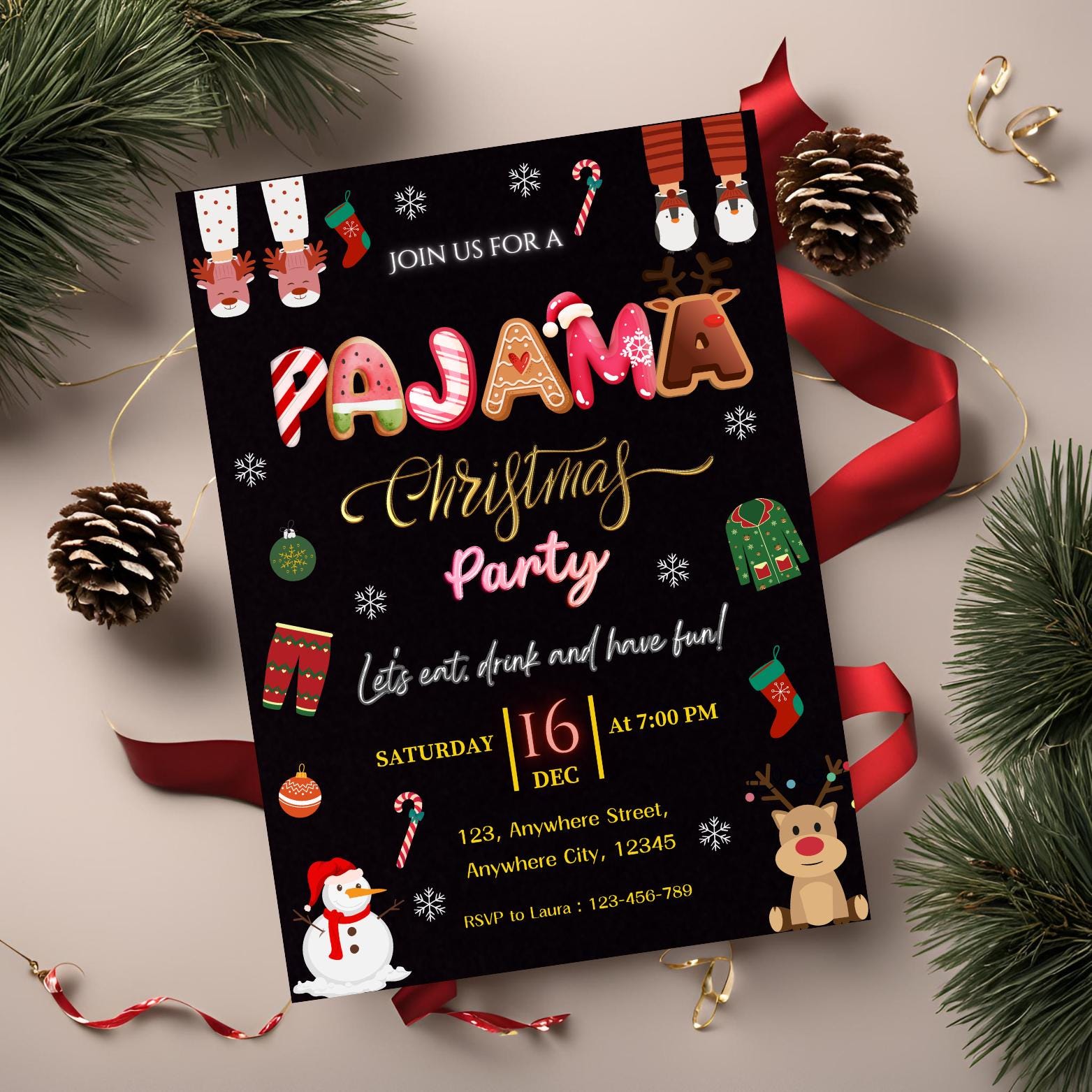 Editable Holiday Christmas Pajama Party Invitation, Sleepover ...