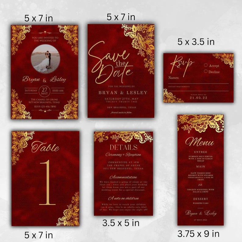 Editable Classy Red Velvet Wedding Invitation Bundle Template, Elegant ...