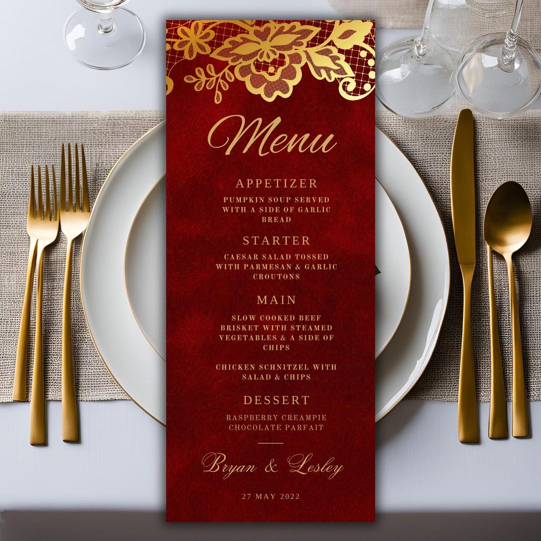 Editable Classy Red Velvet Wedding Menu Card, Velvet Wedding Menu ...