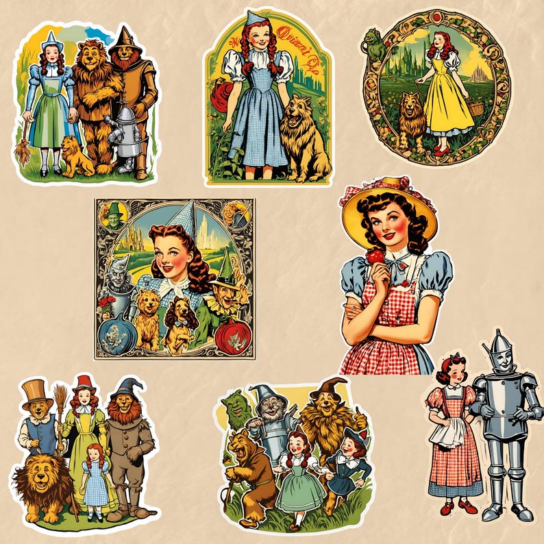 Vintage Wizard of Oz Clip Art, Dorothy, Lion, Tinman (PNG Digital ...
