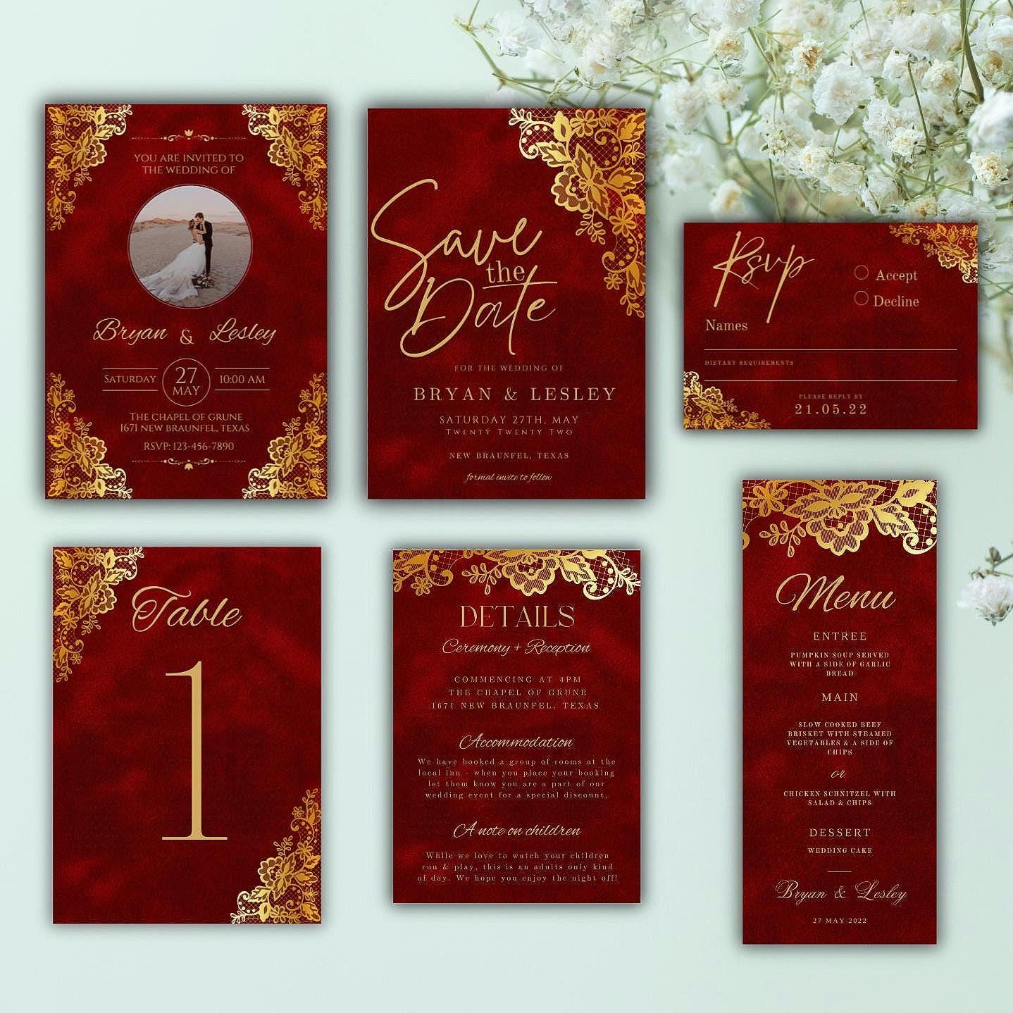Editable Classy Red Velvet Wedding Invitation Bundle Template, Elegant ...