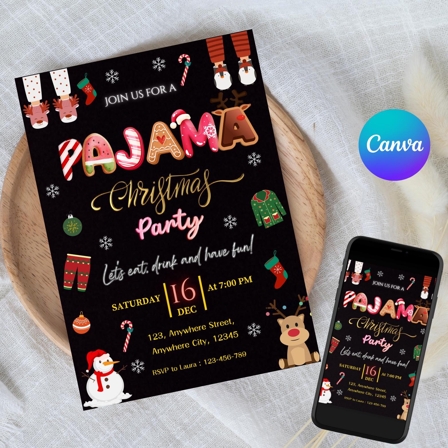 Editable Holiday Christmas Pajama Party Invitation, Sleepover ...