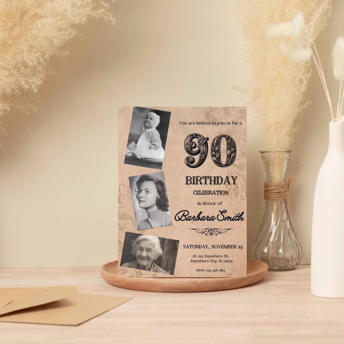 Editable Vintage 90th Birthday Party Invitation, Classic 90th Birthday ...