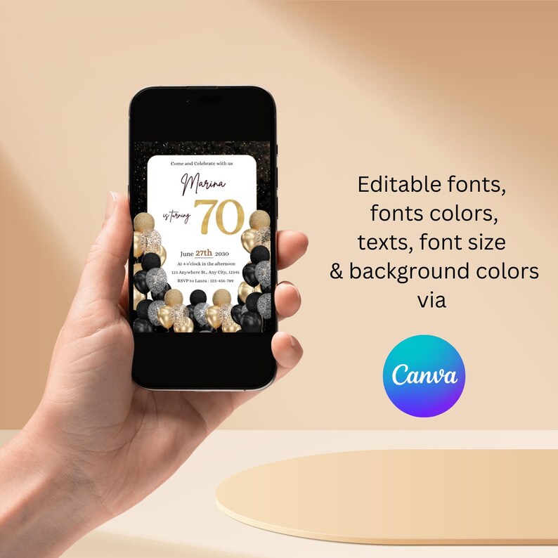 Editable Black and Gold 70th Birthday Invitation, 70th Birthday Party ...