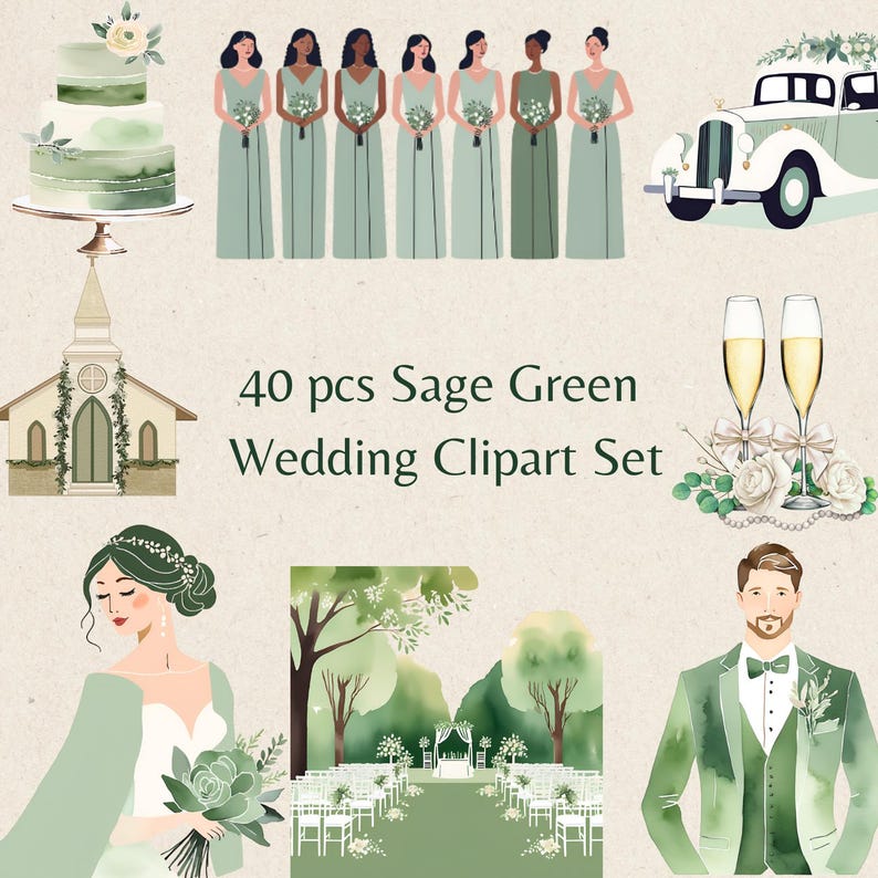 40 Pcs Sage Green Wedding Clip Art Set Png, Wedding Timeline Png, Sage ...