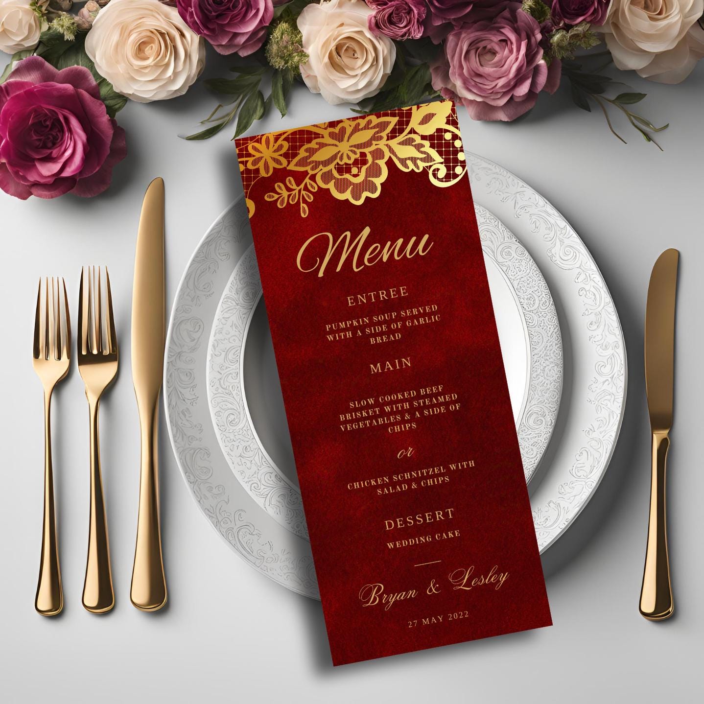 Editable Classy Red Velvet Wedding Invitation Bundle Template, Elegant ...