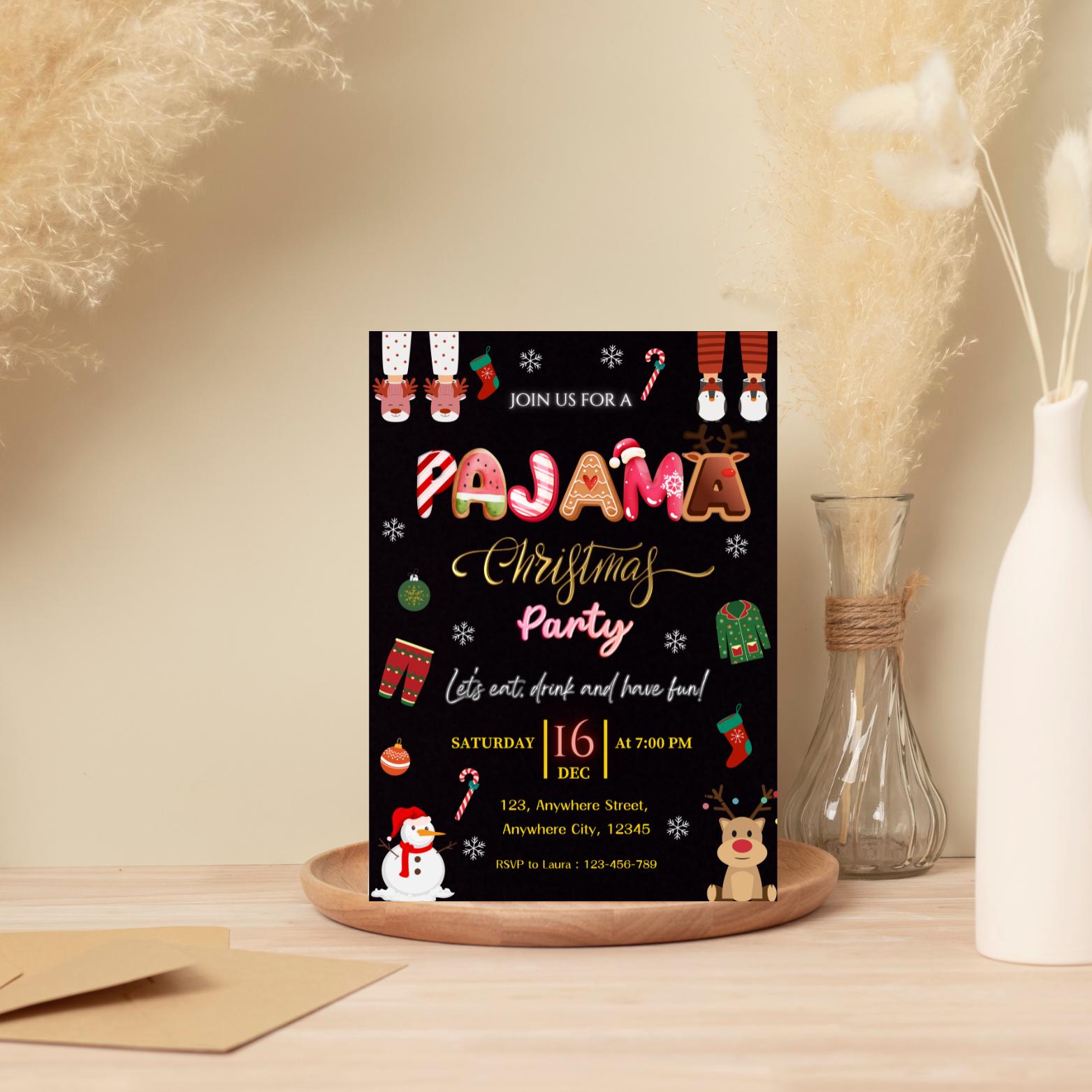 Editable Holiday Christmas Pajama Party Invitation, Sleepover ...