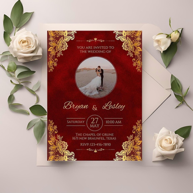 Editable Classy Red Velvet Wedding Invitation Bundle Template, Elegant ...