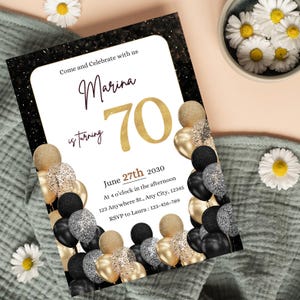 Editable Black and Gold 70th Birthday Invitation, 70th Birthday Party ...