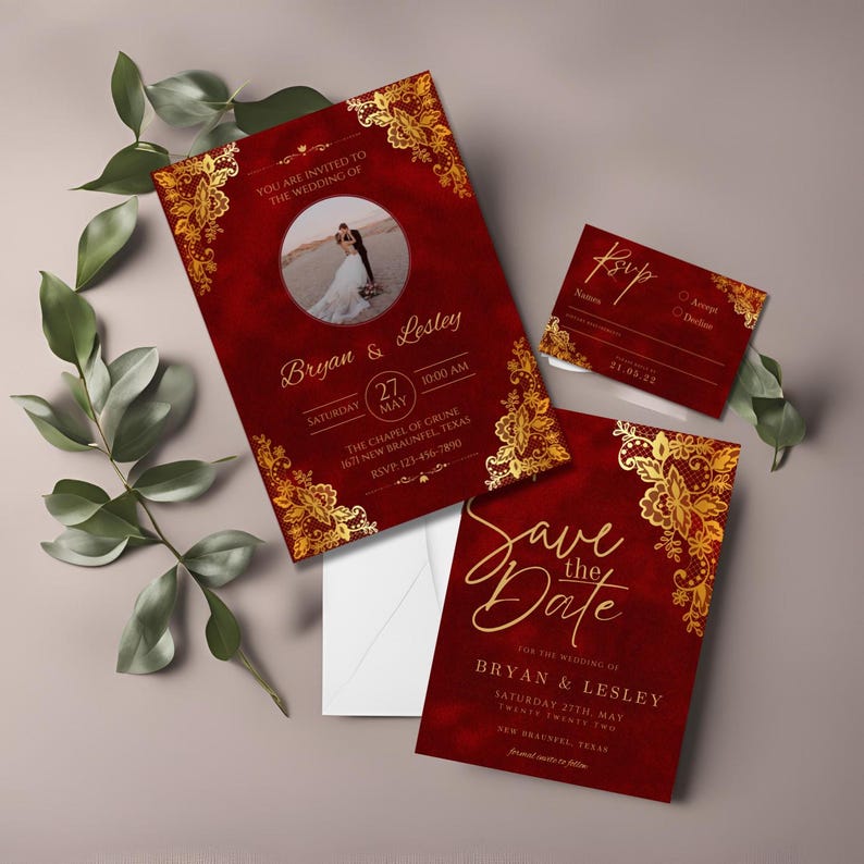 Editable Classy Red Velvet Wedding Invitation Bundle Template, Elegant ...