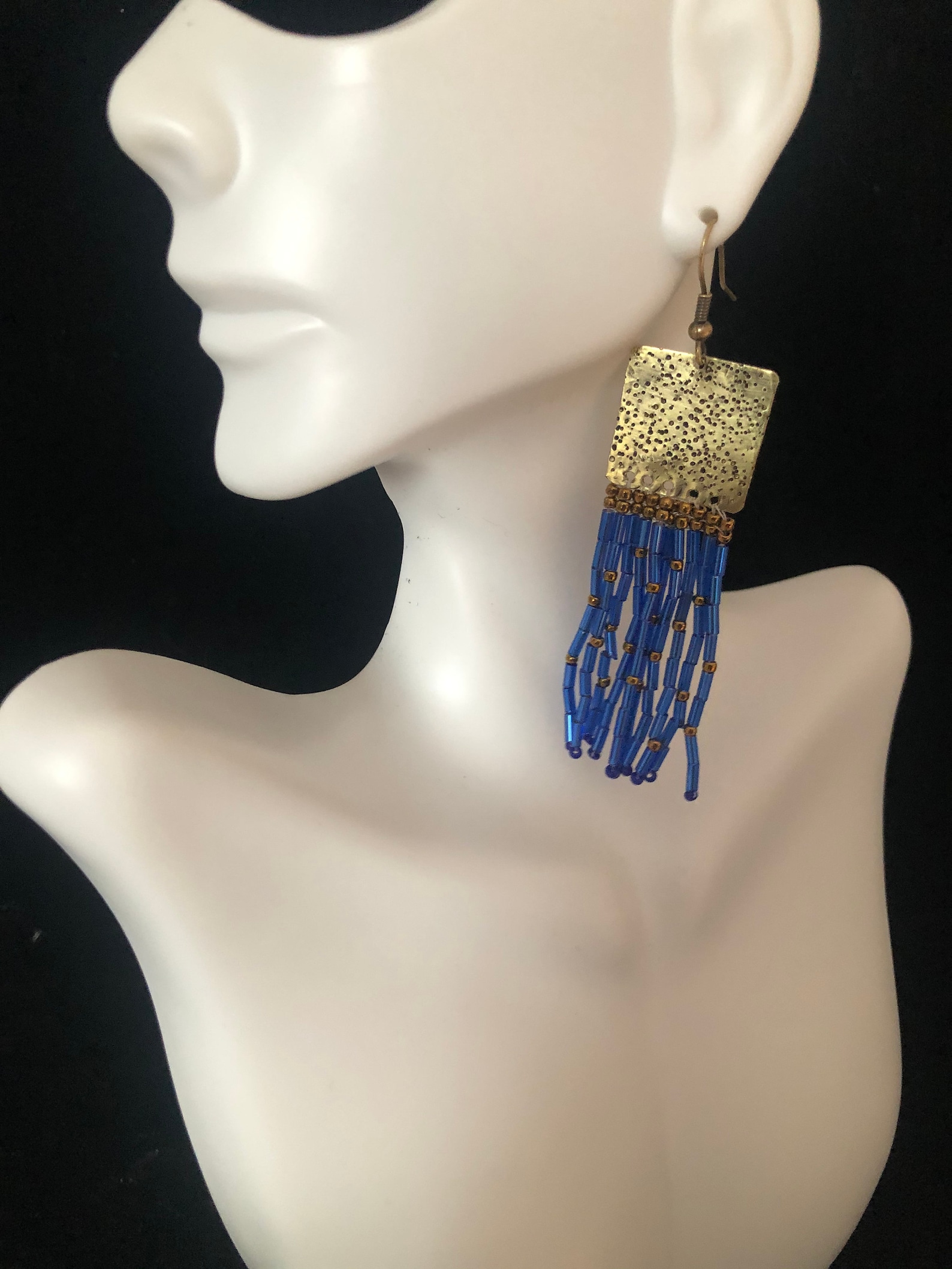Blue Bugle Bead Earrings With Textured Brass - Etsy