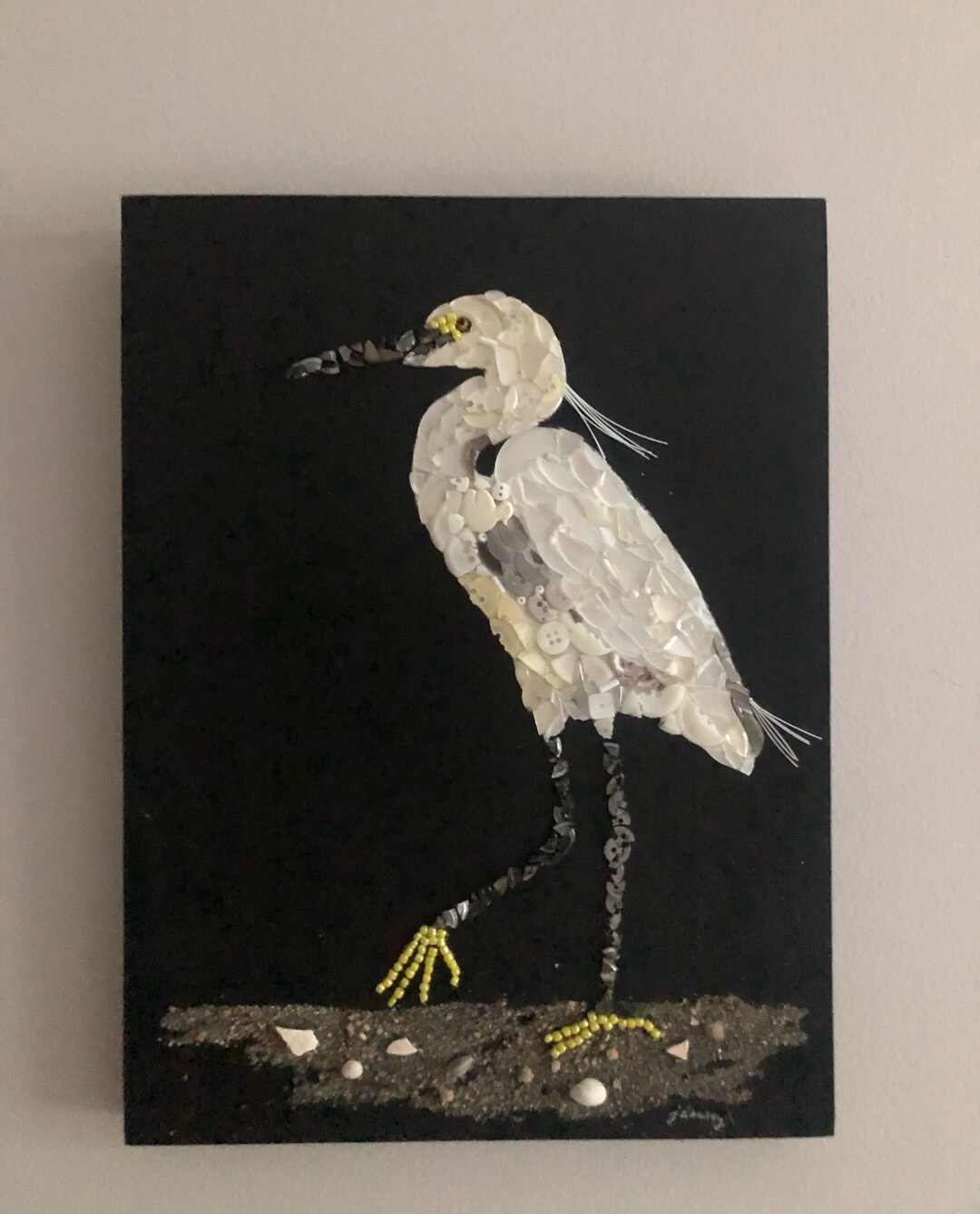 White Egret on the Beach- Button Mosaic - Etsy
