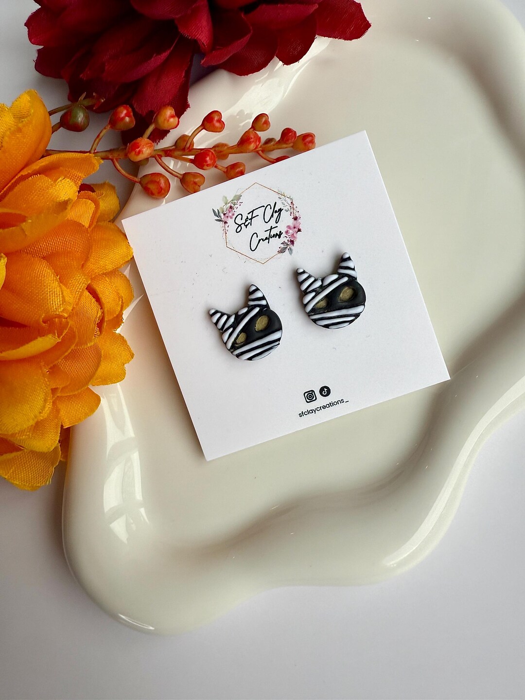 Mummy Cat Stud Earrings – Spooky Halloween Clay Jewelry, Creepy Cute ...