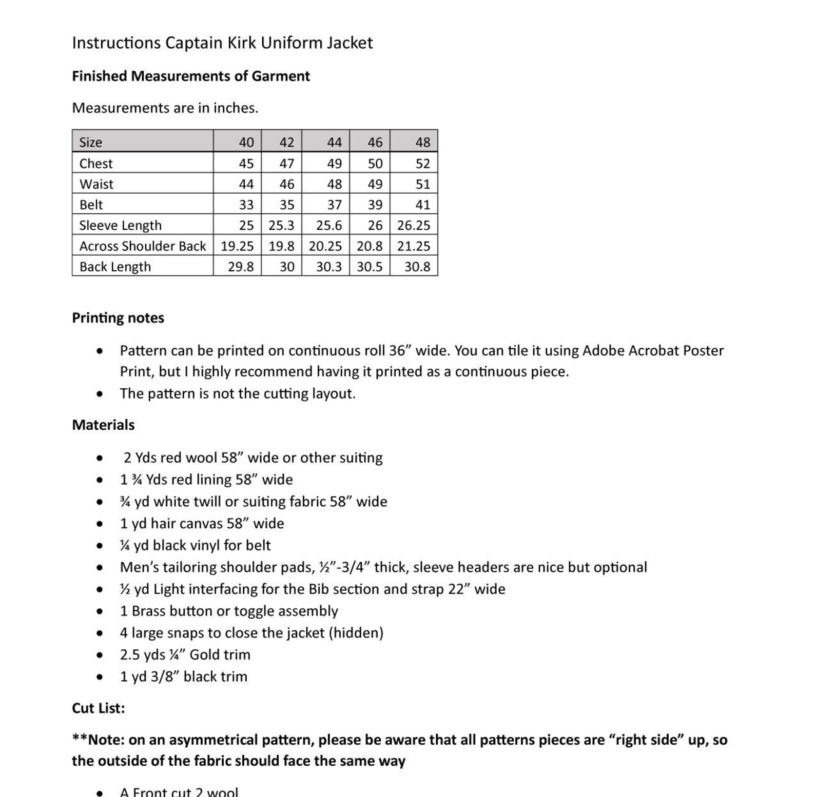Captain Kirk Uniform Jacket and Belt Digital Pattern Sizes 40-48 - Etsy