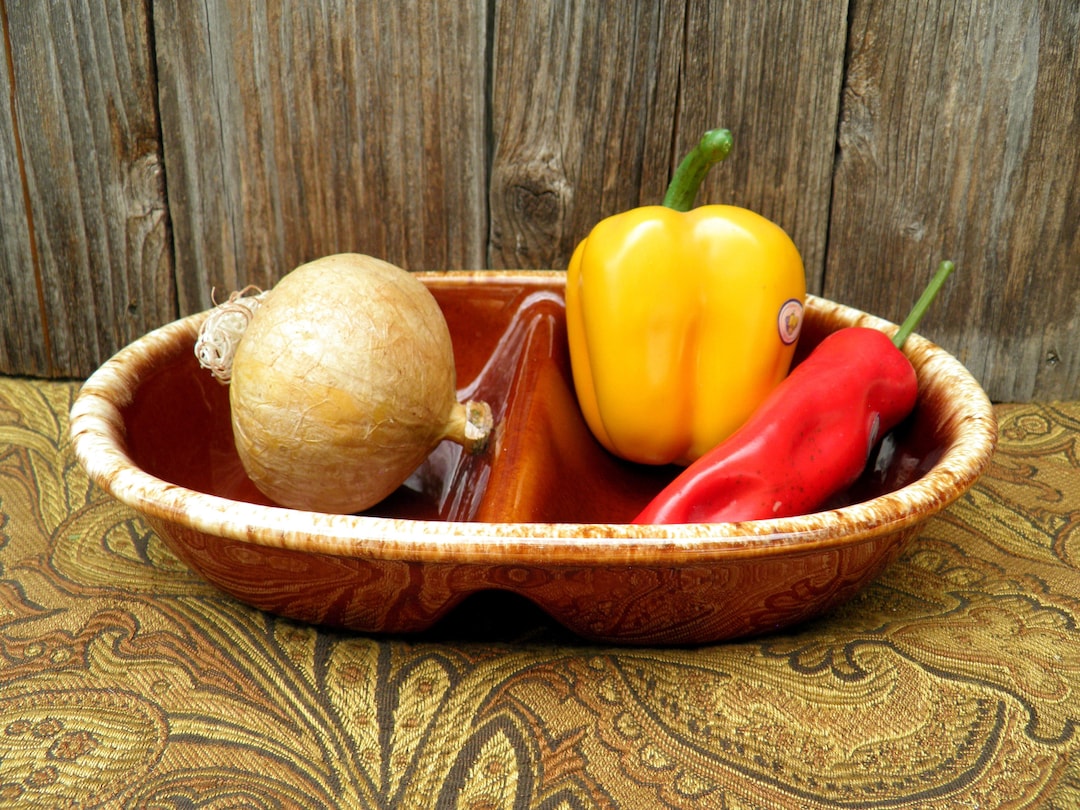1950's HULL Vintage 2-part Divided Relish Dish, Brown Drip Pattern ...