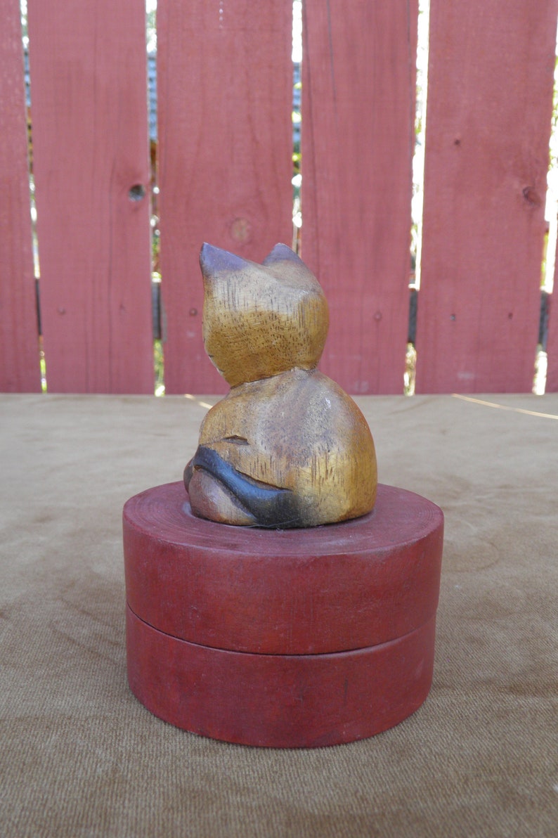 Wooden Carved Cat Ring Box Round Wood Trinket Box | Etsy