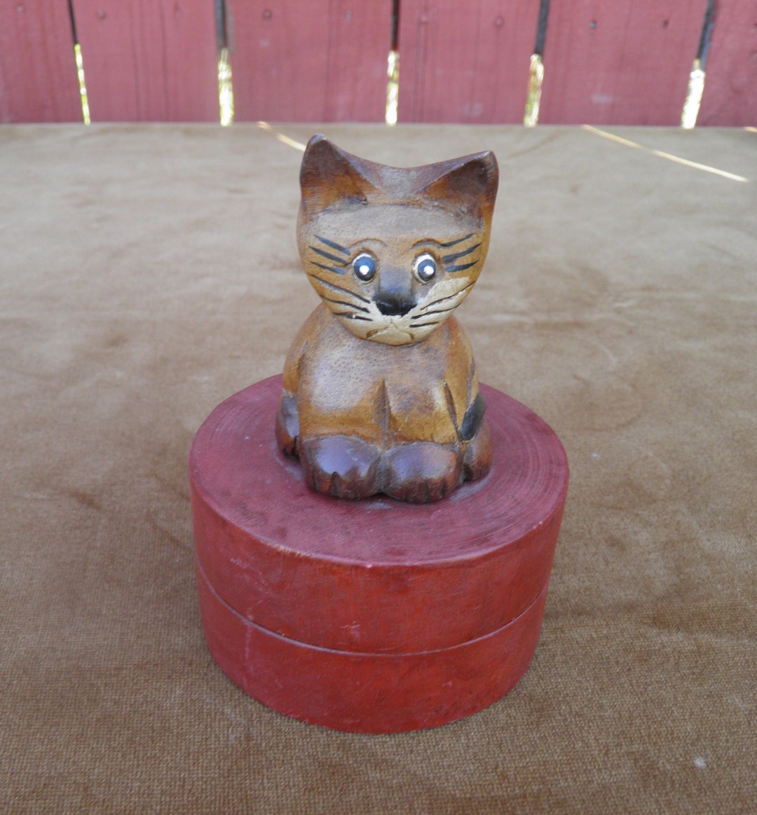 Wooden Carved Cat Ring Box, Round Wood Trinket Box, Catta-palooza Kitty ...