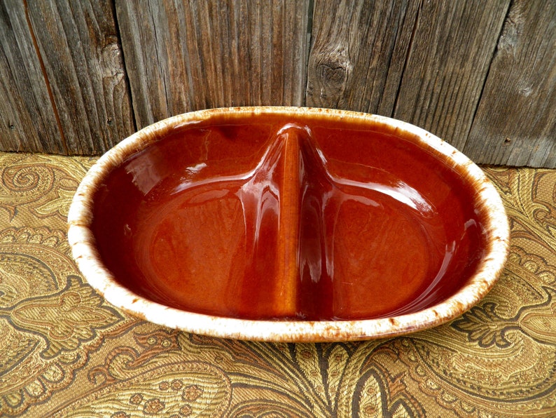 1950's HULL Vintage 2-Part Divided Relish Dish Brown Drip | Etsy