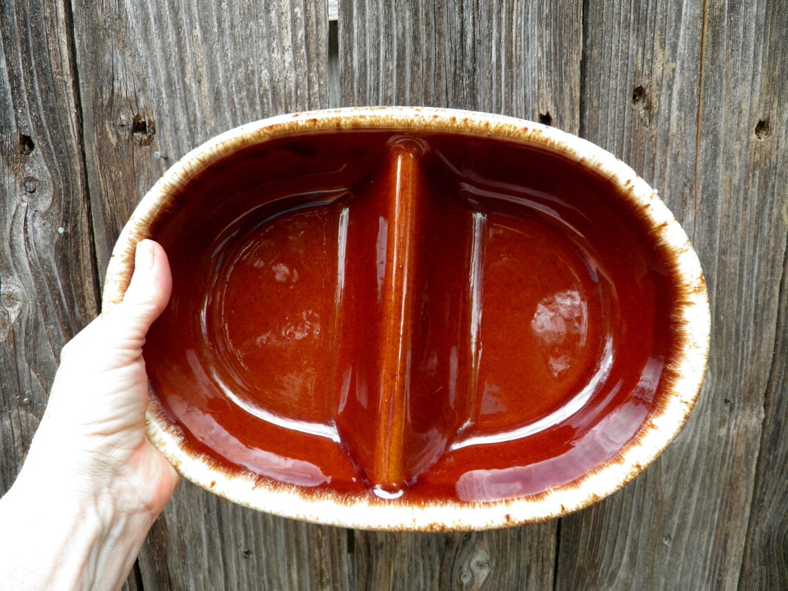1950's HULL Vintage 2-Part Divided Relish Dish Brown Drip | Etsy