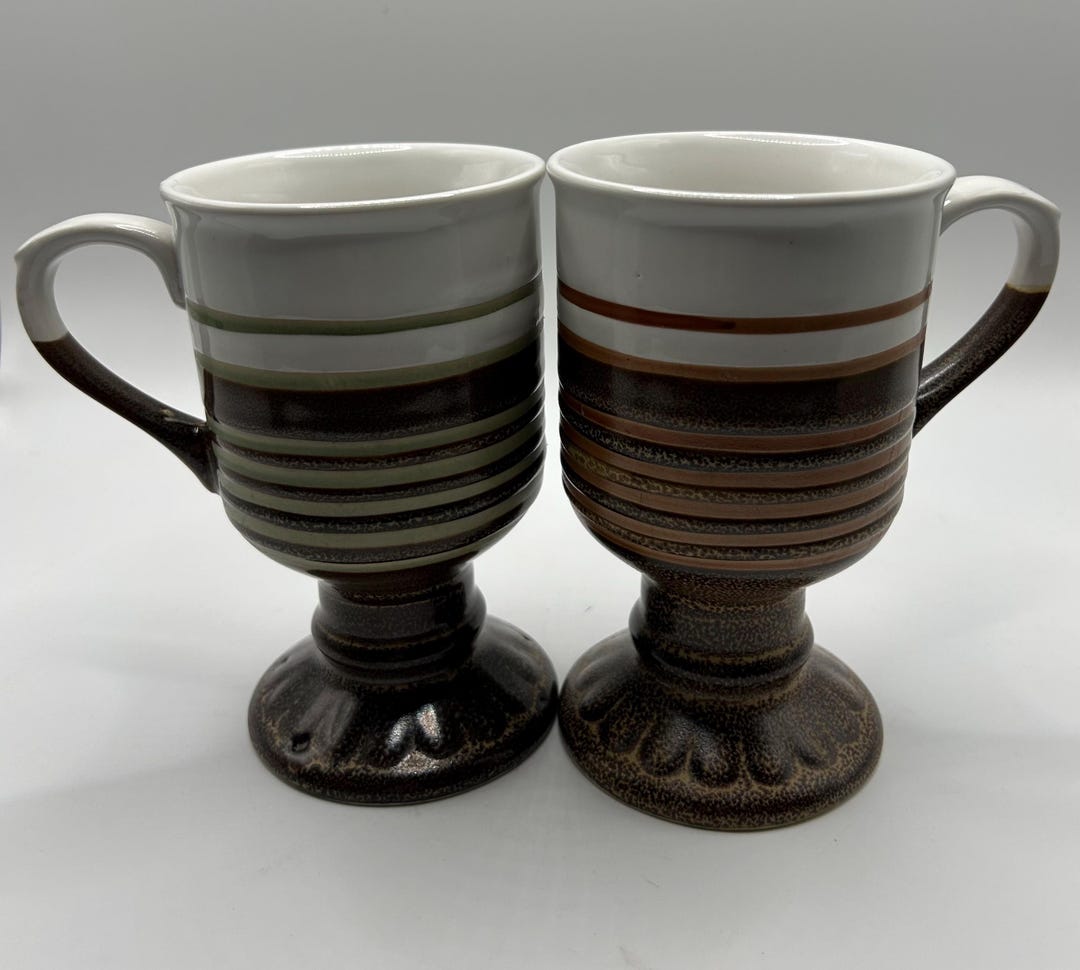 Brown and Green Striped Footed Pedestal Coffee Mugs Set of 2 - Etsy