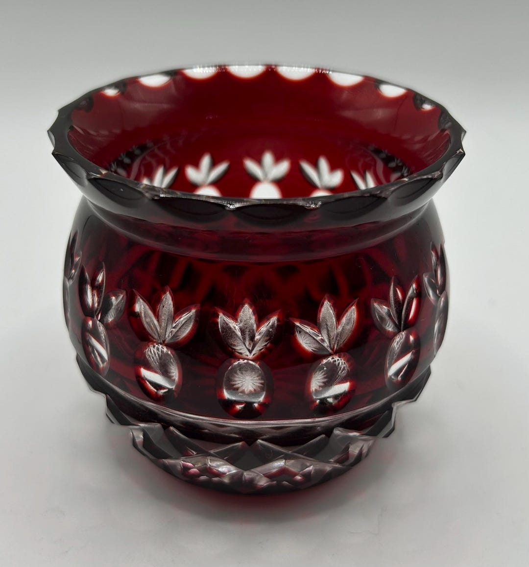 Vintage Cranberry Ruby Red Bohemian Glass Cut Clear Bowl Pineapple ...