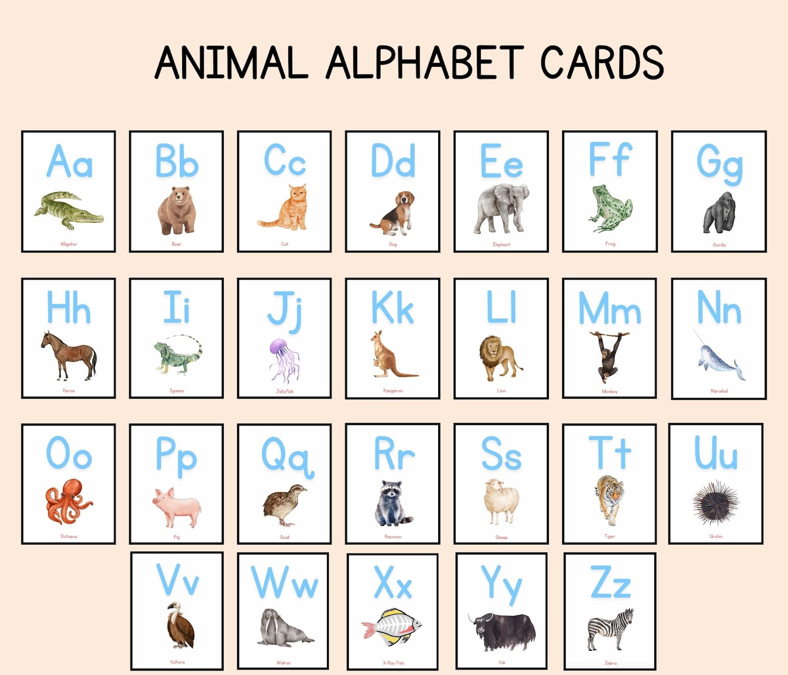 Animal Alphabet Cards - Digital Download, Alphabet Flash Cards ...