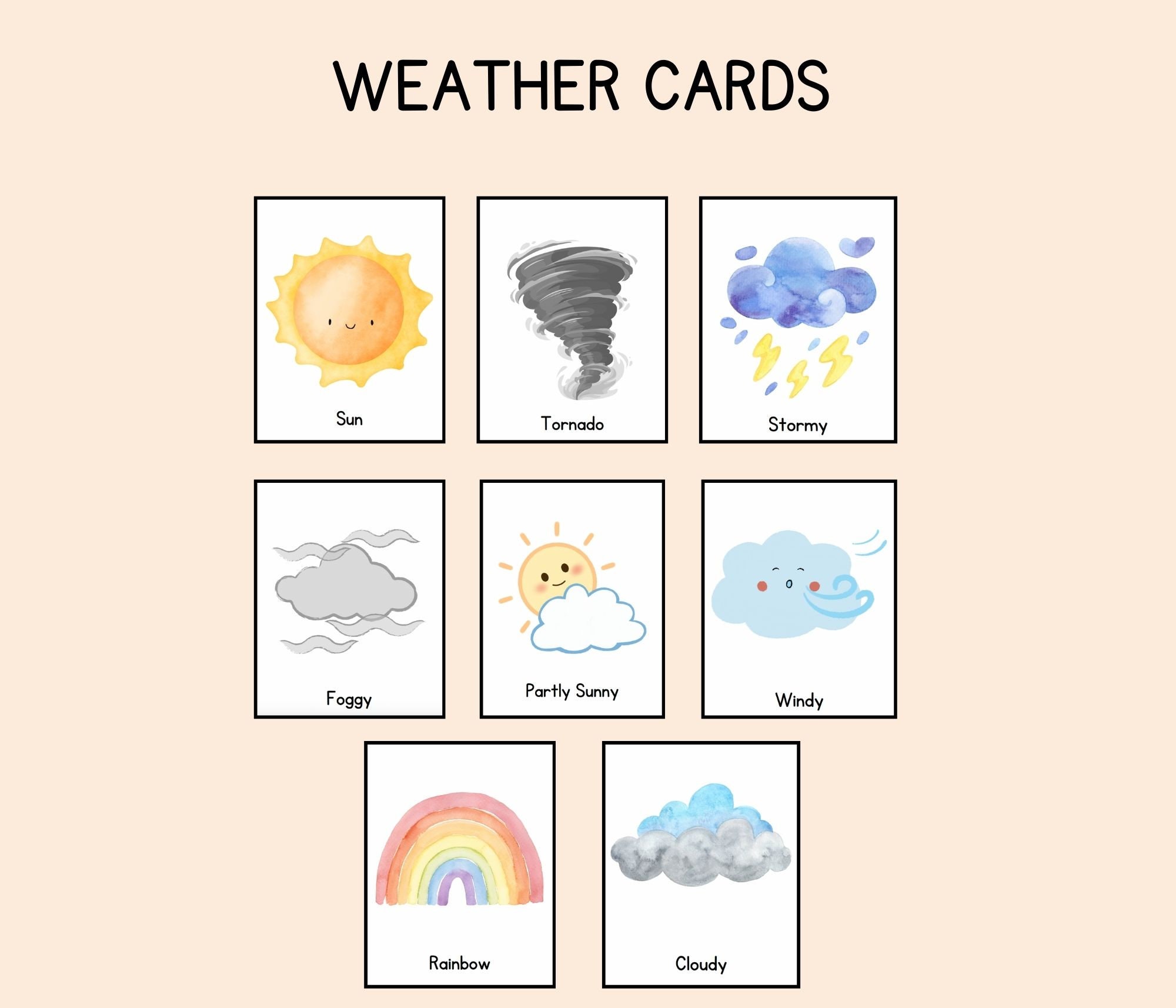 Weather Cards - Digital Download, Printable Weather Flash Cards for ...