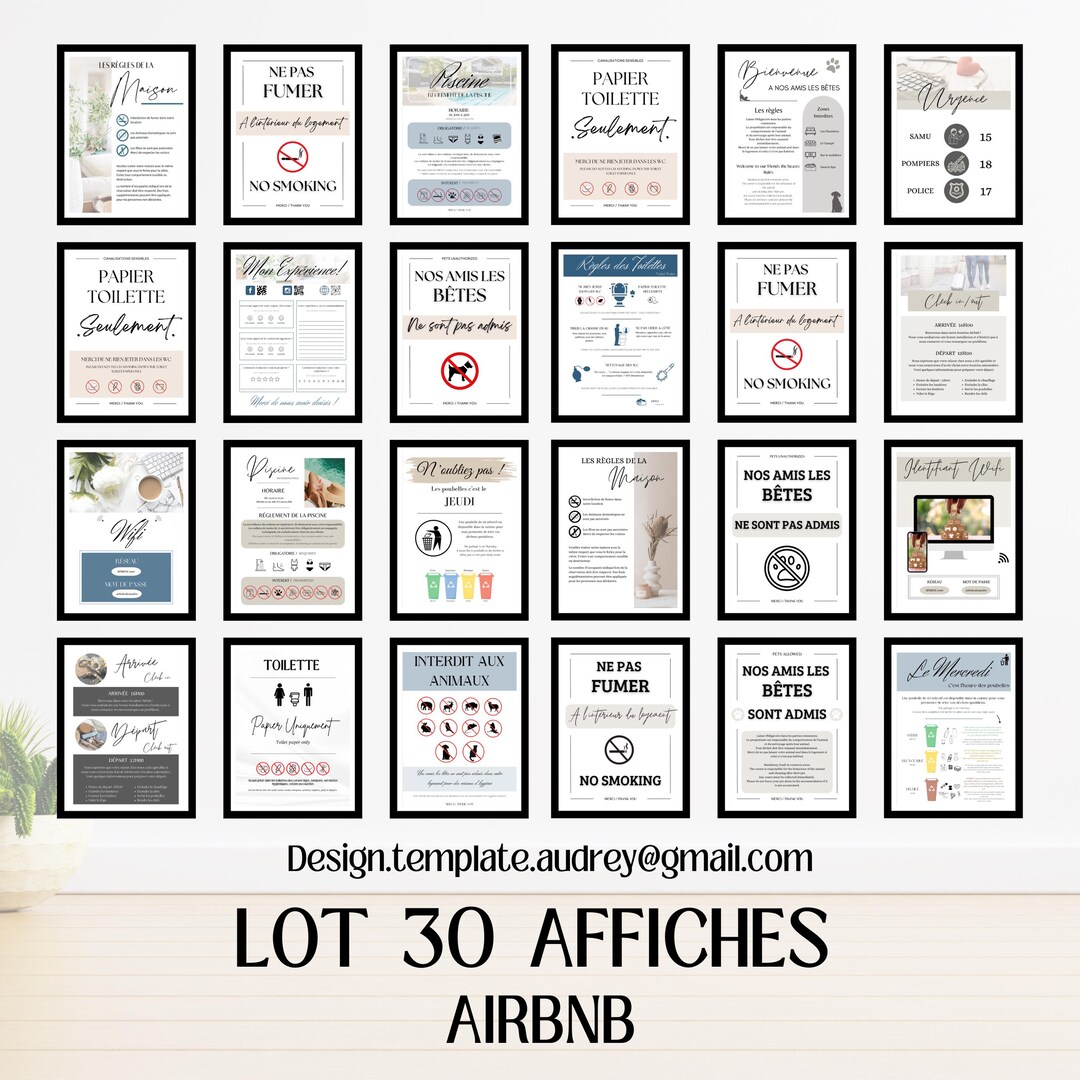 Lot 30 AIRBNB Information Posters / Poster Template for Rental / French ...