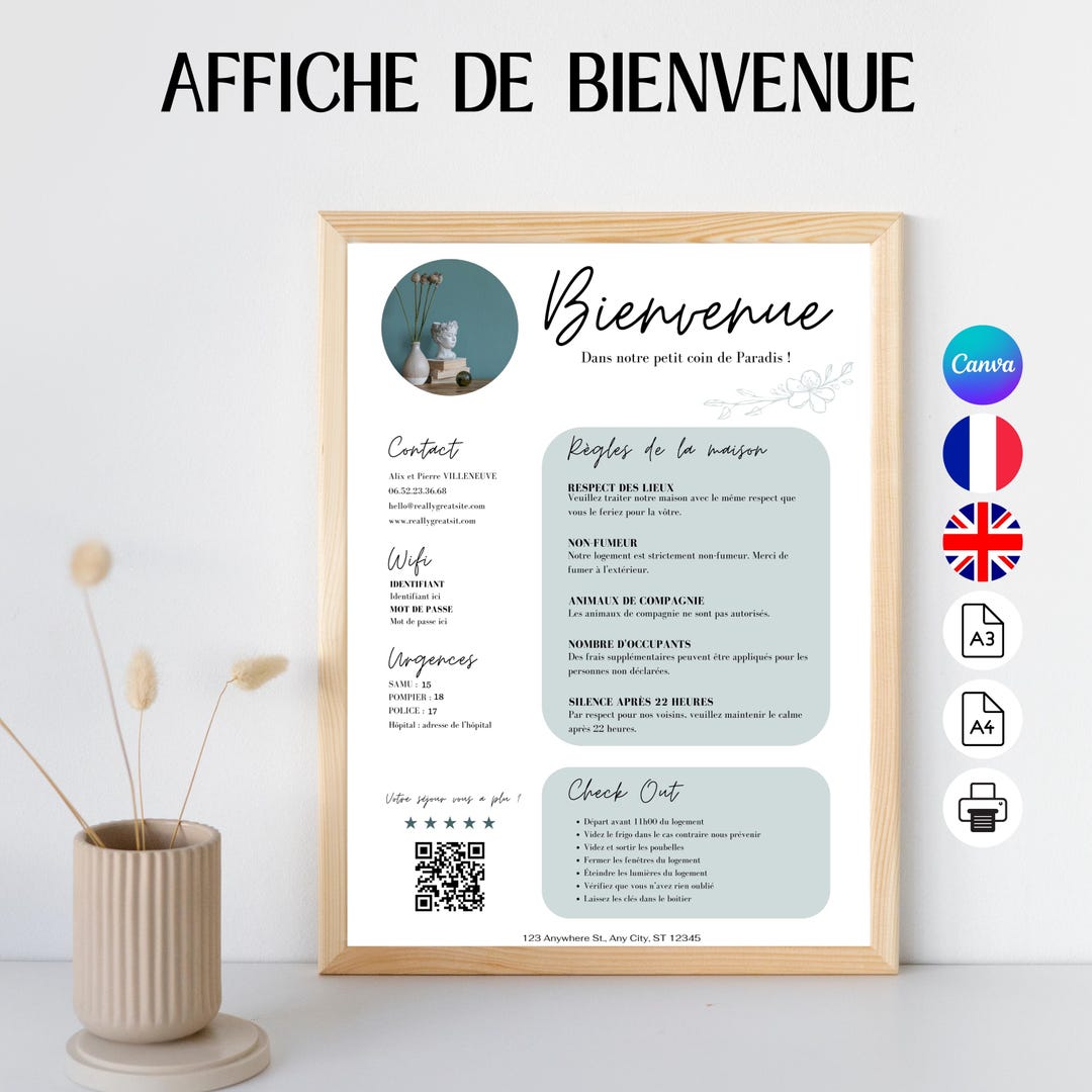 Airbnb Welcome Poster / Personalized and Printable French English ...