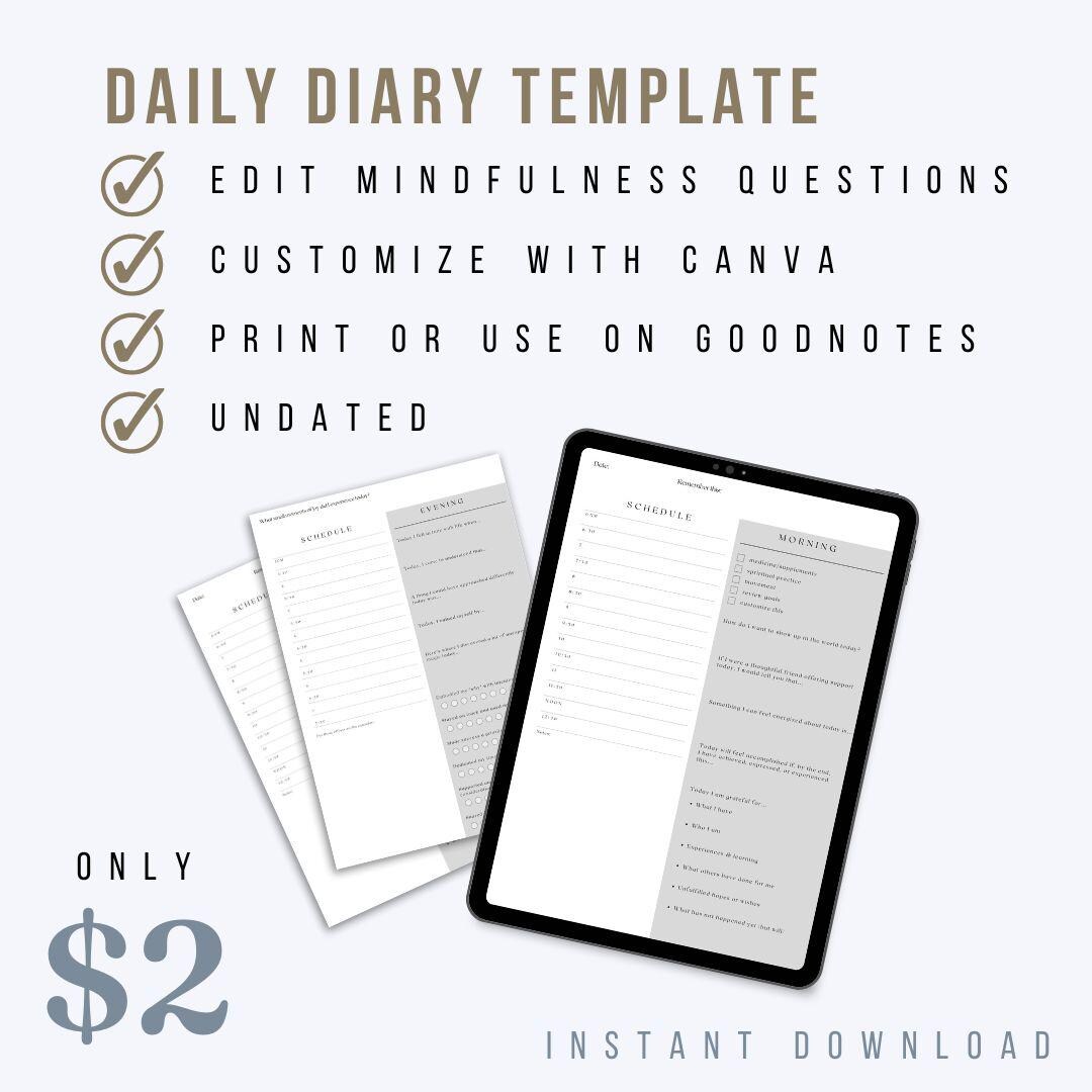 Editable Daily Diary Online Planner Template Canva Template - Etsy