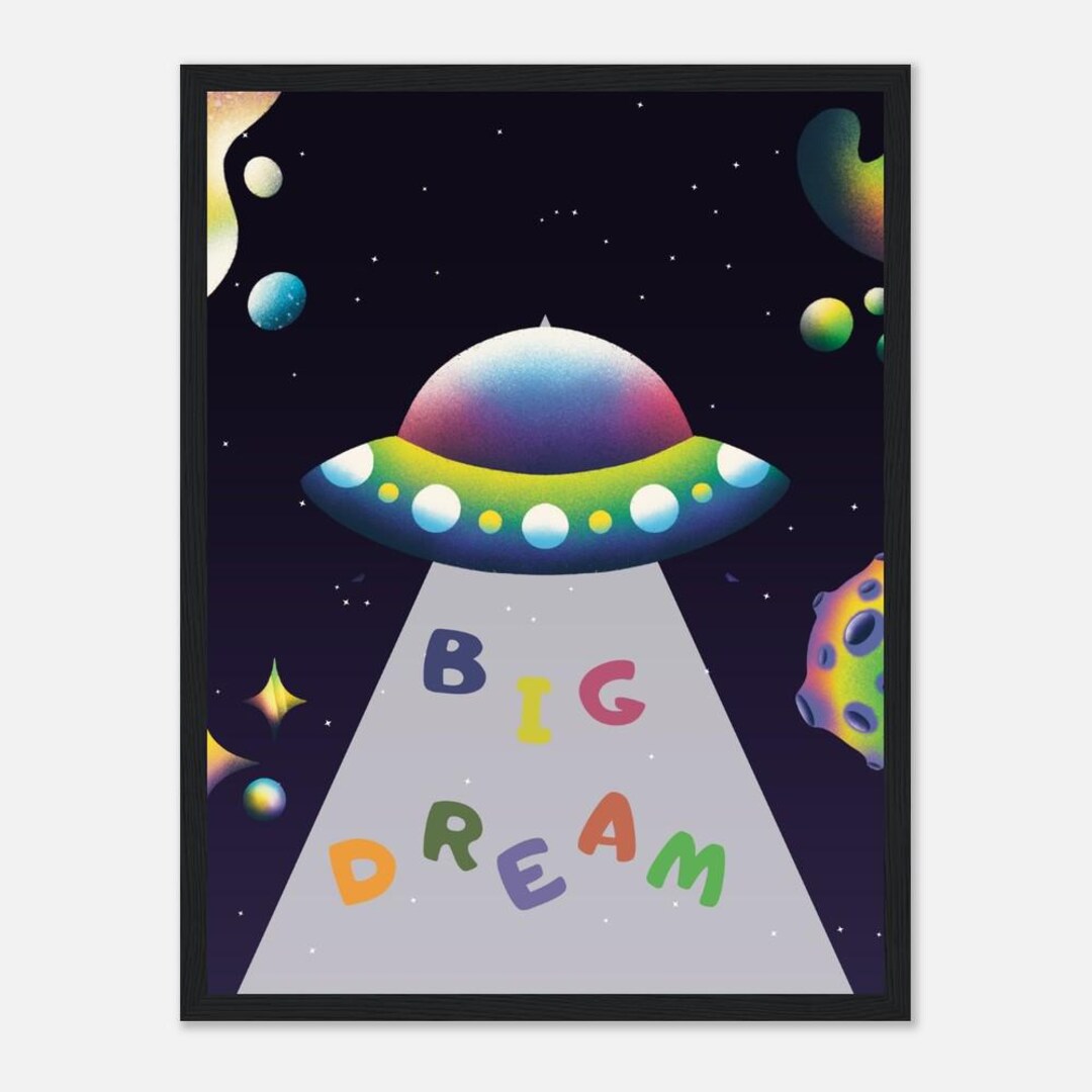 Retro UFO 'BIG DREAM' Space Art Print Kids' Room Decor, Premium Matte ...