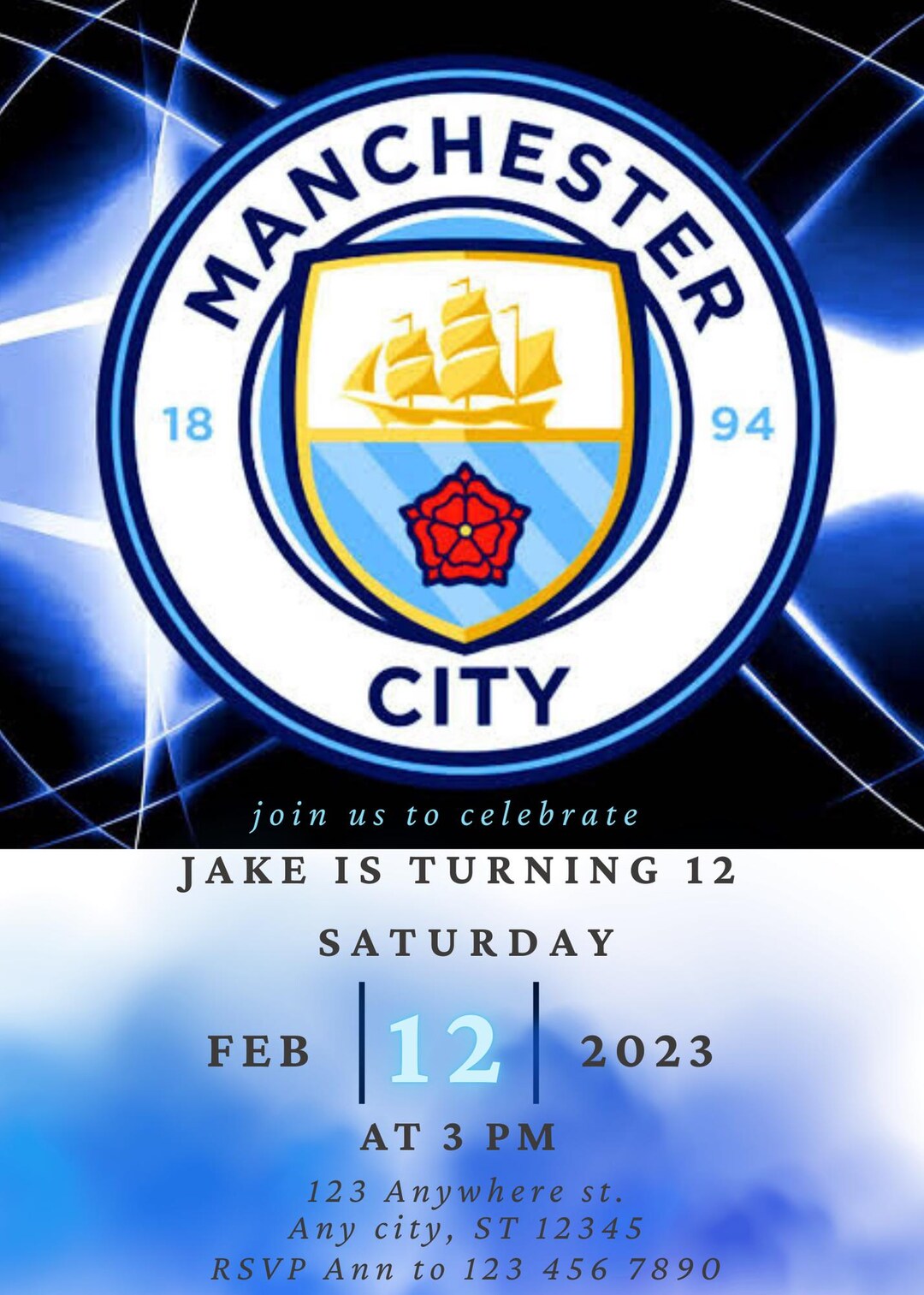 Manchester City Birthday Invitation Football Party Invite Digital ...