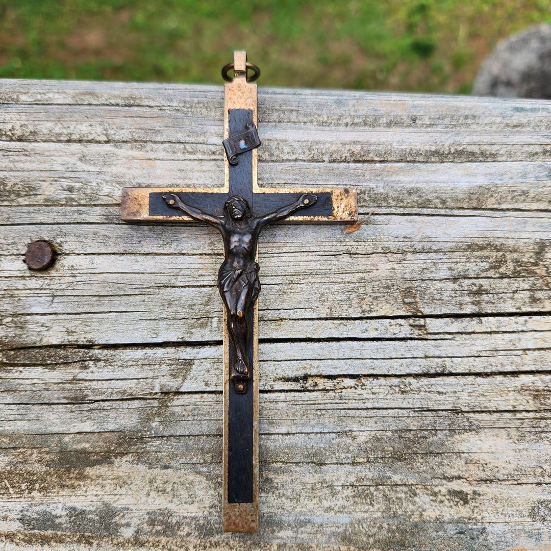 Large Antique Pectoral Ebony Wood Inlay Crucifix Cross 5.5" Religious ...